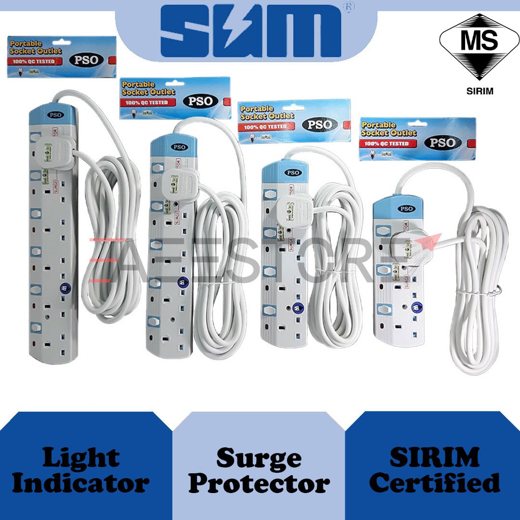 Sirim Pso 3 4 5 6 Way Surge Protector Portable Extension Trailing Socket 5m Extantion