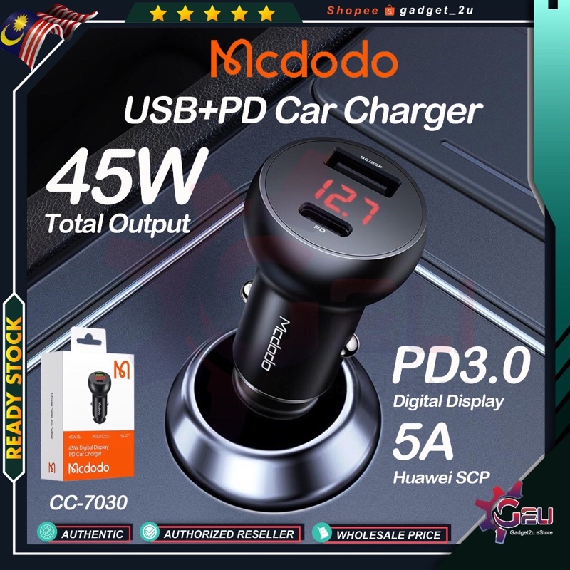 Original Mcdodo CC-7030 45W Digital Display Dual Output USB+PD Type-C Car Charger Support Huawei ...