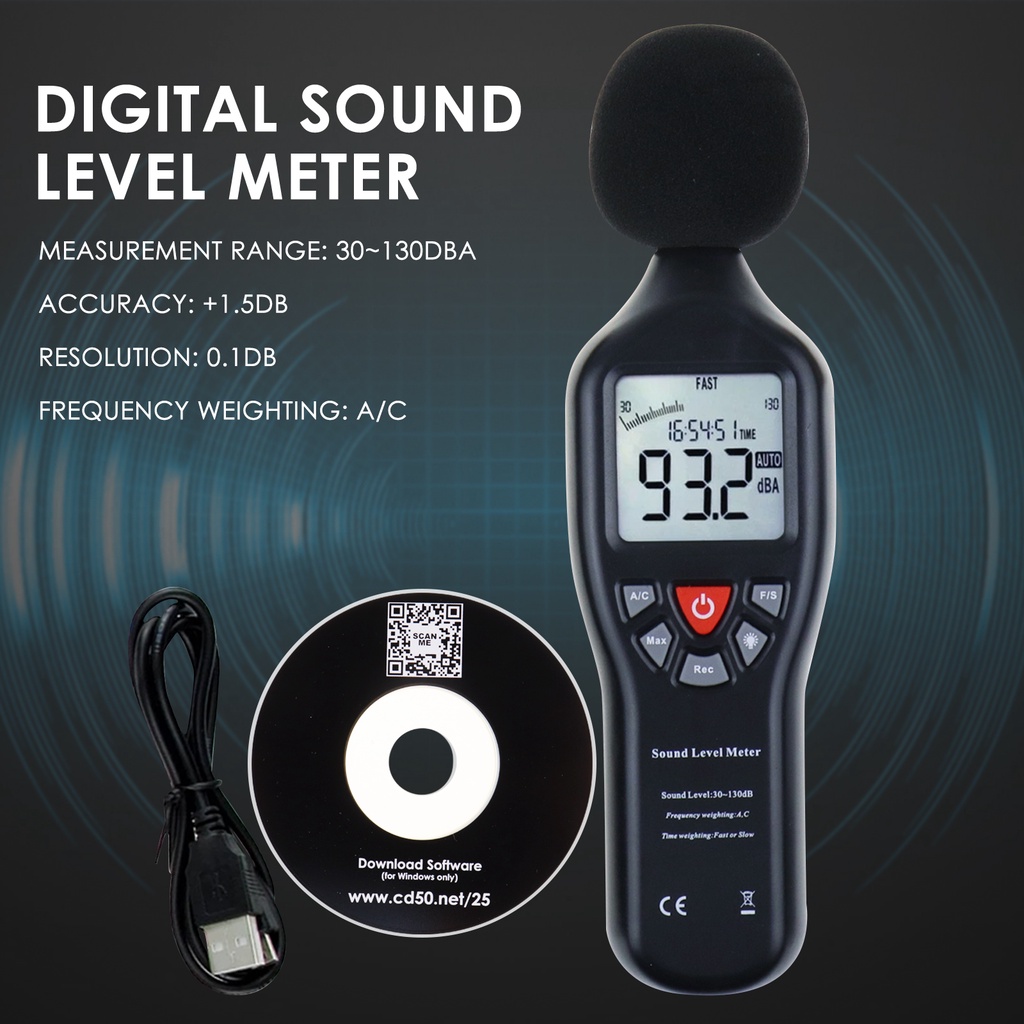 Sound Level Meter with Backlit Display High Accuracy Measuring 30dB~130dB Data Logging ...