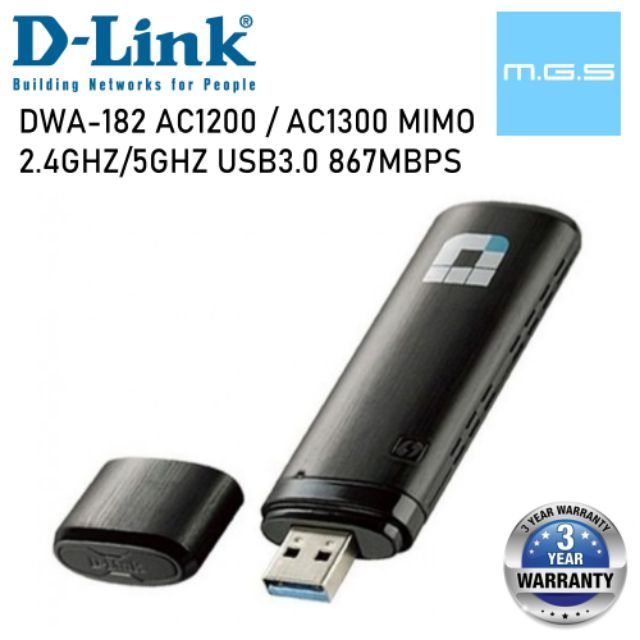 D-Link DWA-182 AC1200/1300 2.4Ghz + 5Ghz USB 3.0 Dual Band Wireless ...