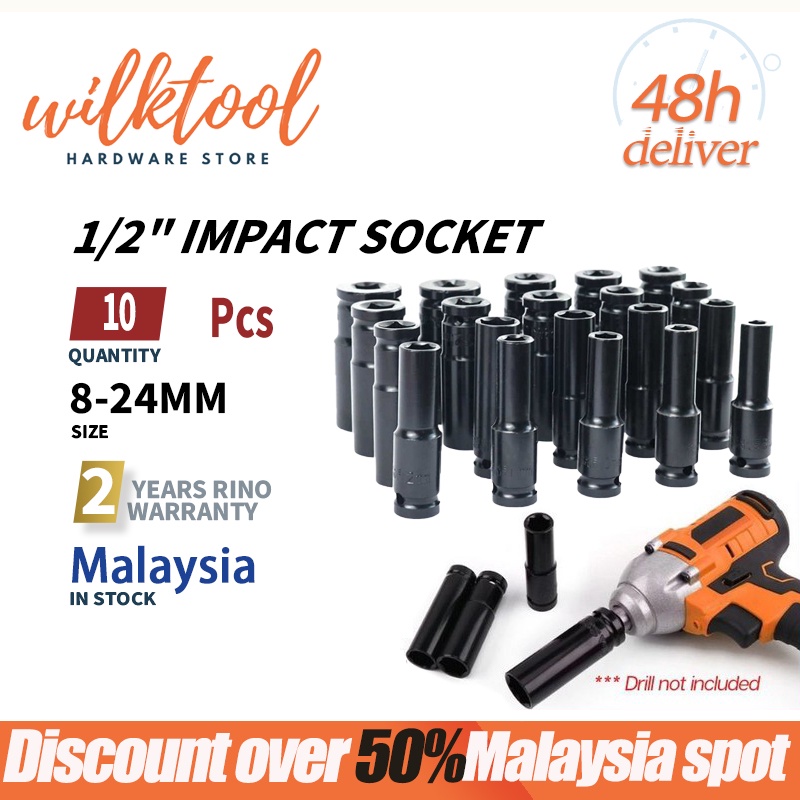 WilkTOOL' 10PCS 1/2 Inch Long Impact Socket Set Black Deep Box Set Tool ...