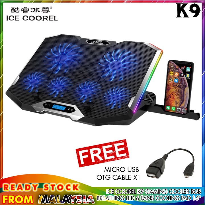ICE COOREL K9 Gaming Cooler RGB Breathing LED 6 Fans Cooling Pad 16 ...