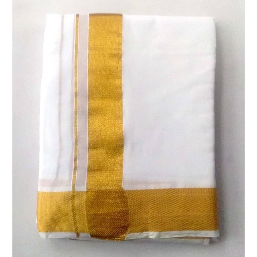 Men's White Cotton Vesti & Thundu Set With Gold Border - Size 8x4 , 9x5 ...