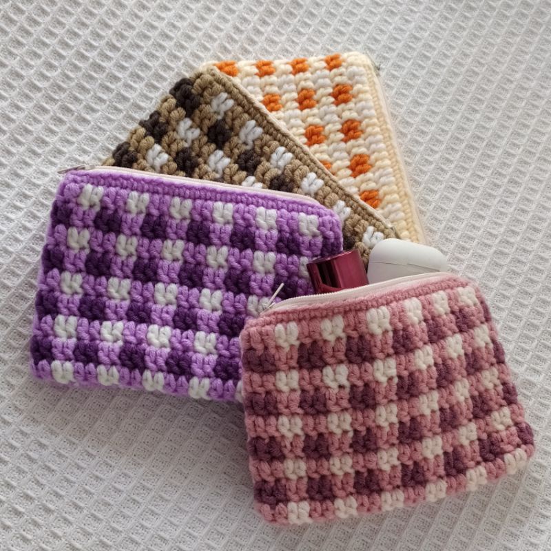 Homemade Handmade Crochet Yarn Women Casual Checkered Purse Cappuccino ...