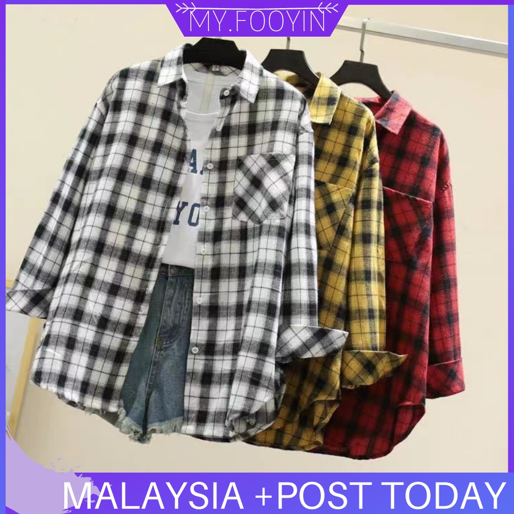 C4 Kemeja kotak-kotak gadis busana kasual longgar di luar musim semi ...