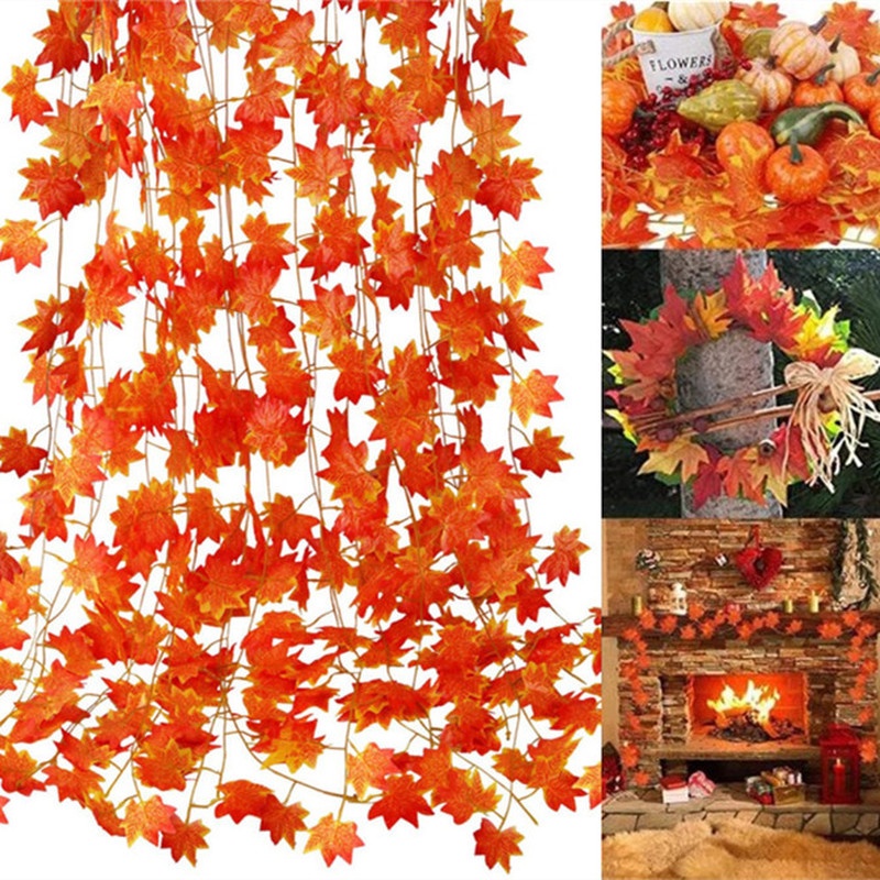230cm Artificial Autumn Red Maple Leaf Rattan Fake Wreath Plant Leaves ...