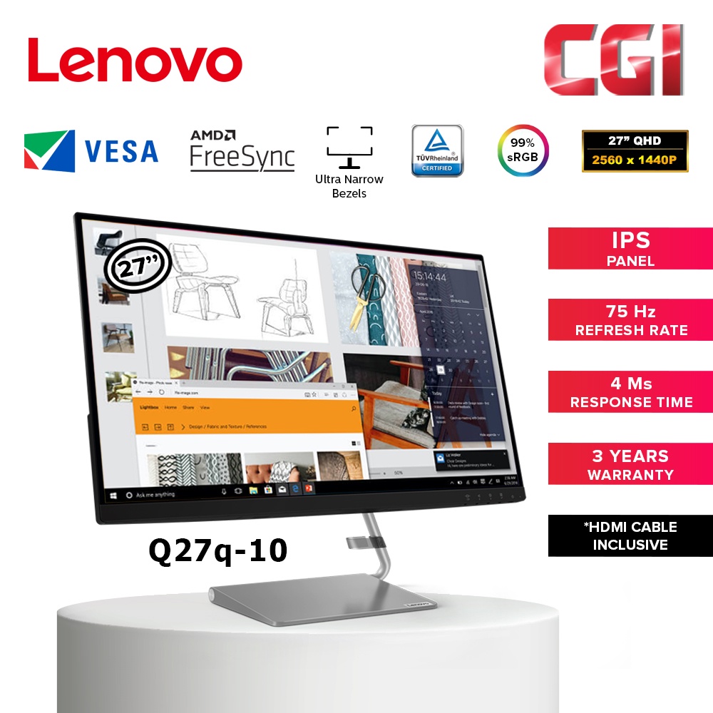 Lenovo 27" Q27Q-10 Ultra Slim QHD WLED IPS with Build-In Speaker ...