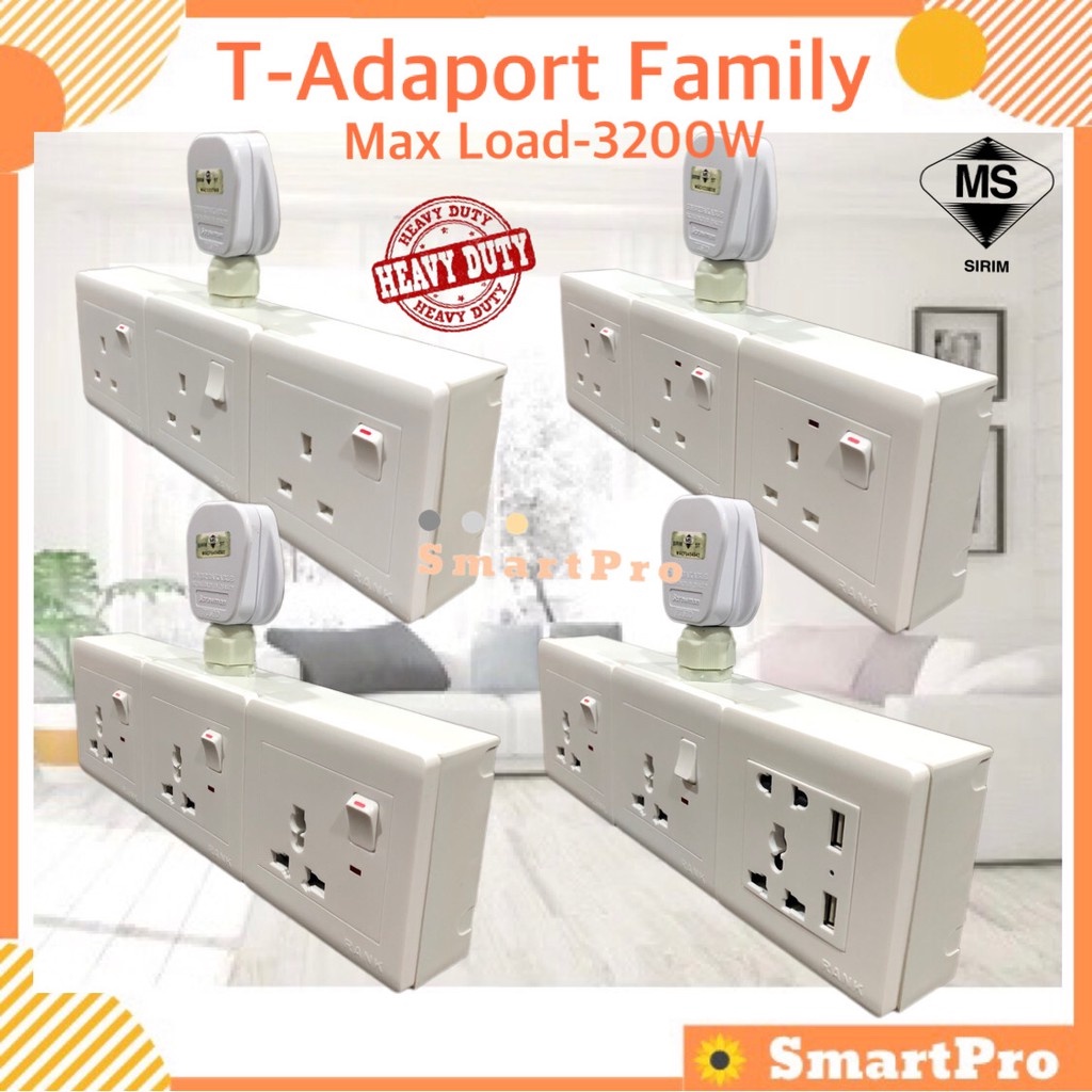 Heavy Duty Multi T-Adaptor Extension 3 Gang 13A 3 Pin and Universal USB ...