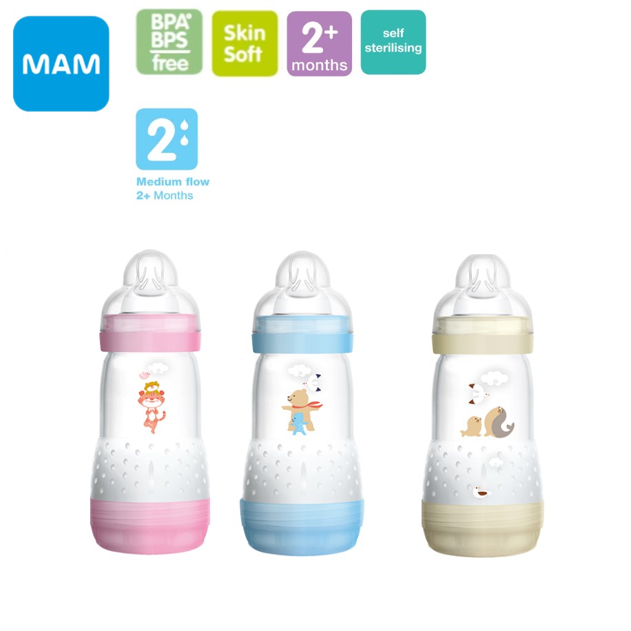 MAM Easy Start Anti-Colic Self Sterilising Baby Bottle with Medium Flow Silicone Teat (260ml x 1 ...