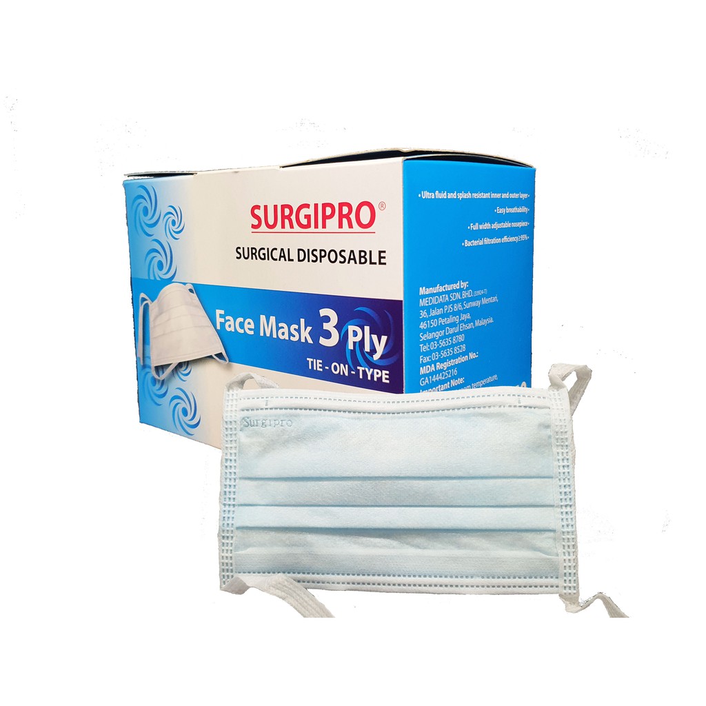 BLUE SURGIPRO Surgical Disposable 3 Ply Tie-On-Type Face Mask | Shopee ...