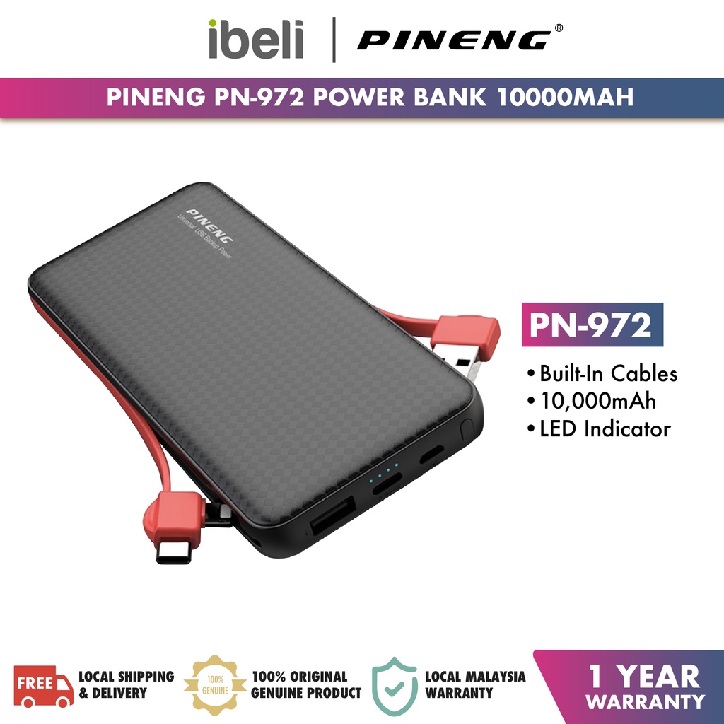 Pineng PN-972 Build-In Cable 10000mAh Power Bank [Compatible with ...