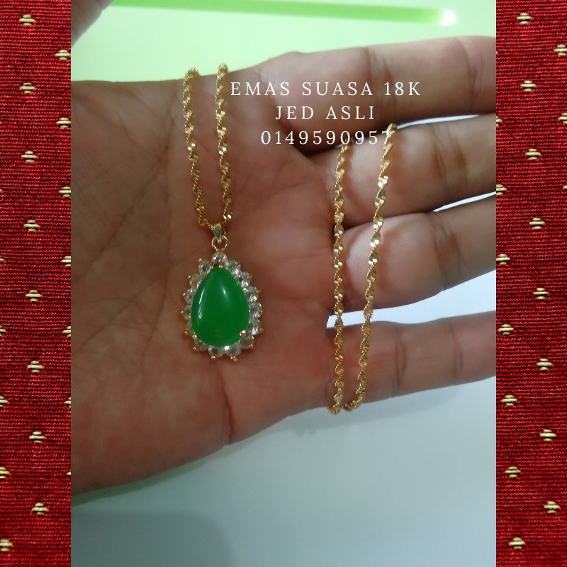 💋💋 RANTAI LEHER EMAS SUASA18K DENGAN LOKET GREEN JED ASLI | Shopee Malaysia