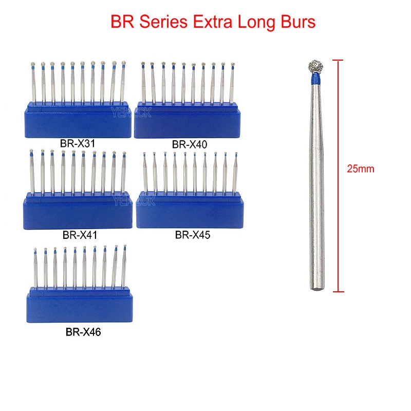 10Pcs/Box Dental Diamond Bur Ball Round Extra Long Bur 25mm FG 1.6mm ...