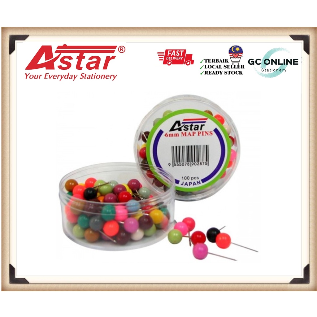 Astar 6mm Map Pin (100Pcs) / Paku Tekan / Paku Payung (Mix Colour ...