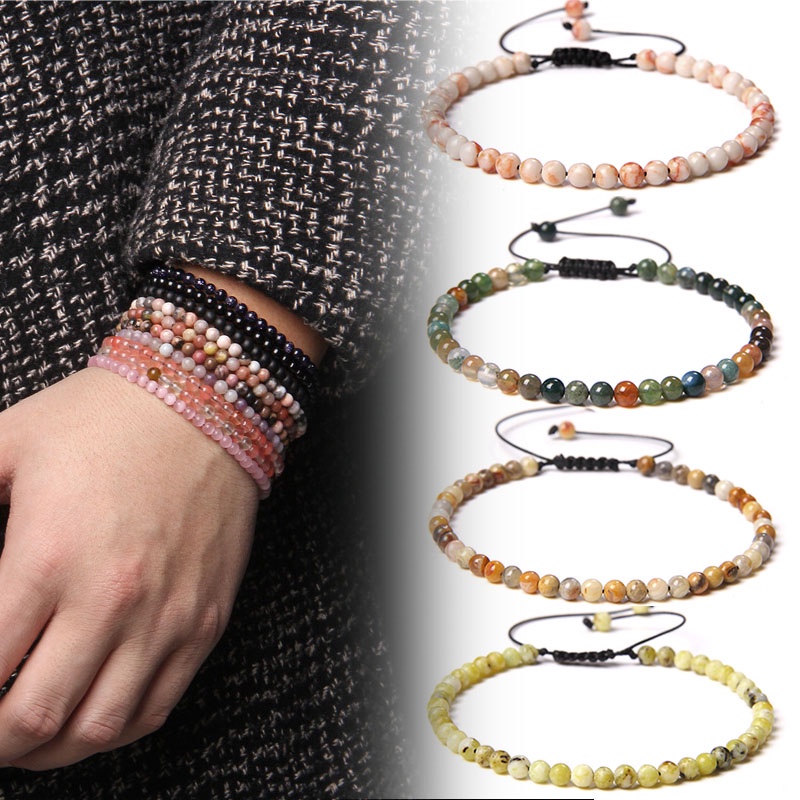Adjustable 4MM Stone Beads Bracelet For Women Men Unisex Natural Agates ...
