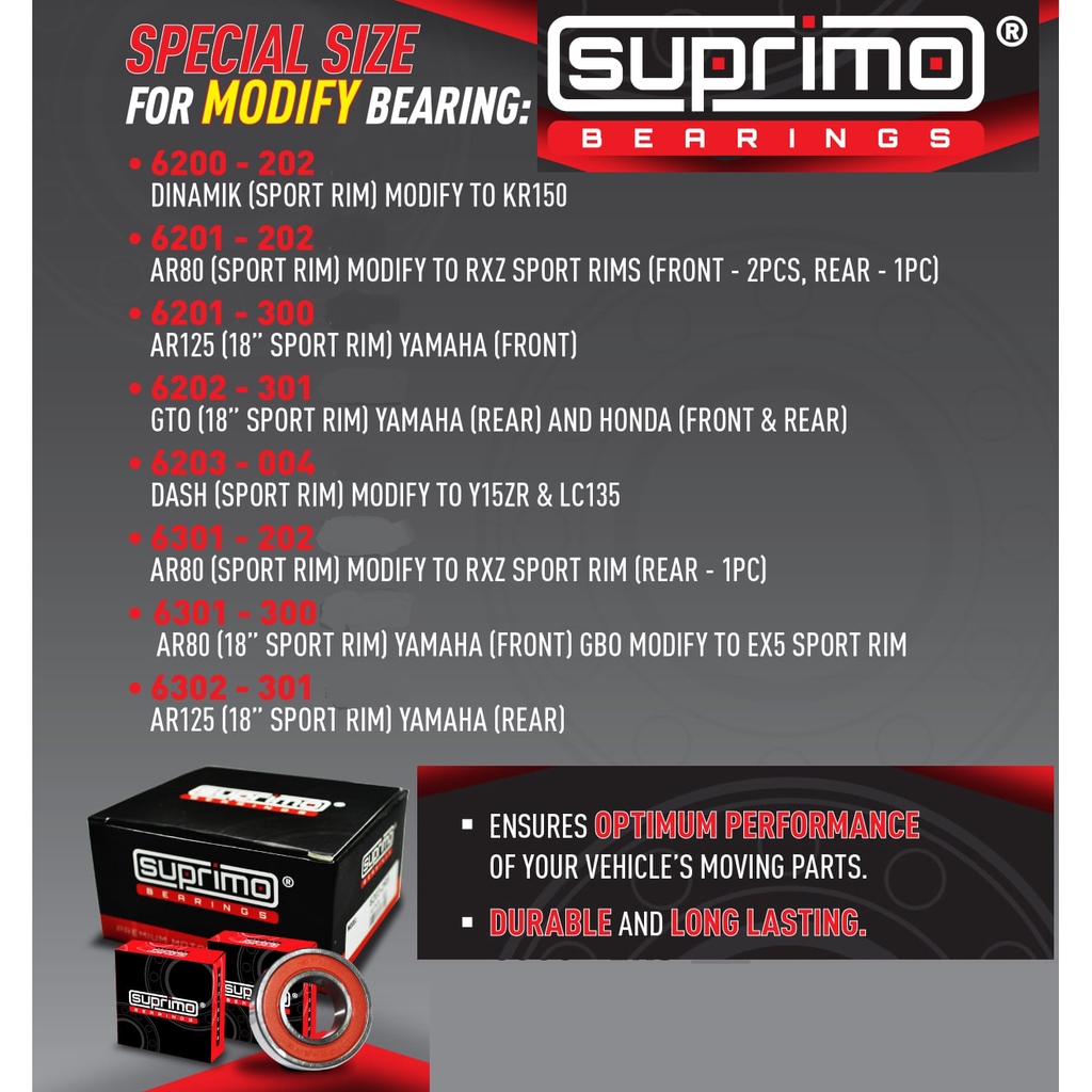 SUPRIMO BEARING SPECIAL SAIZ FOR MODIFY RIM 6200-02 6201-202-300 6202-301 6301-202-300 6302-301 ...