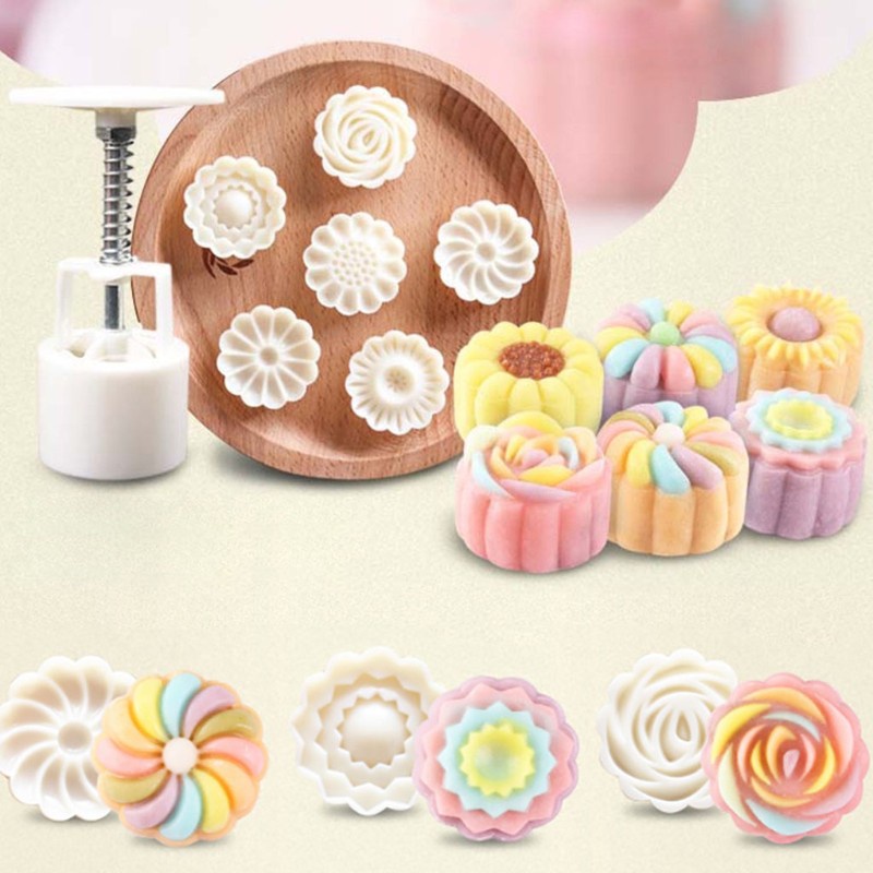 6Pcs Moon Cake Mold With Flower Stamps Plastic Cookies Cutter 50g ...