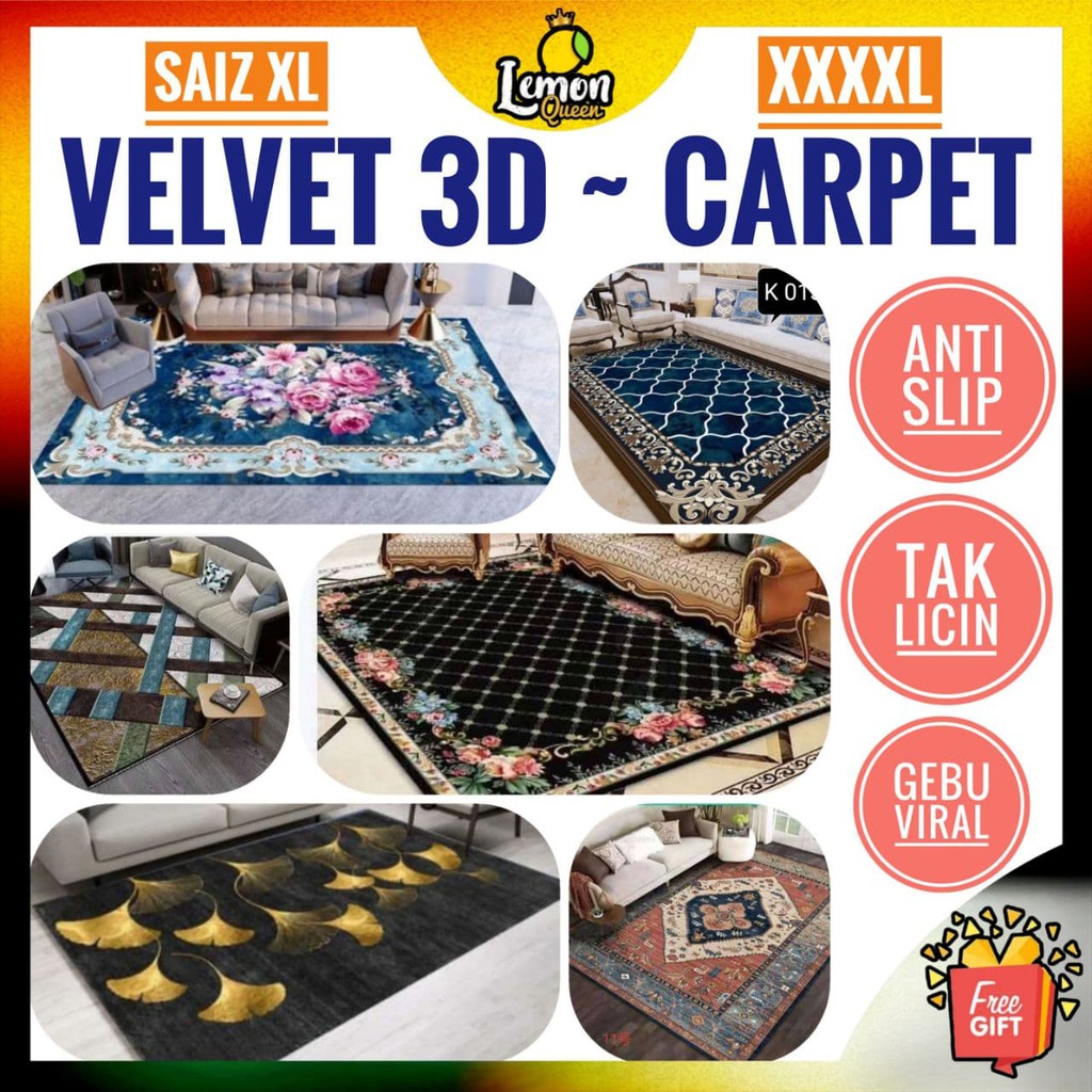 READY STOCK🍋👑 NEW DESIGN VELVET 3D KARPET CARPET VIRAL ANTI FLIP FLOOR ...
