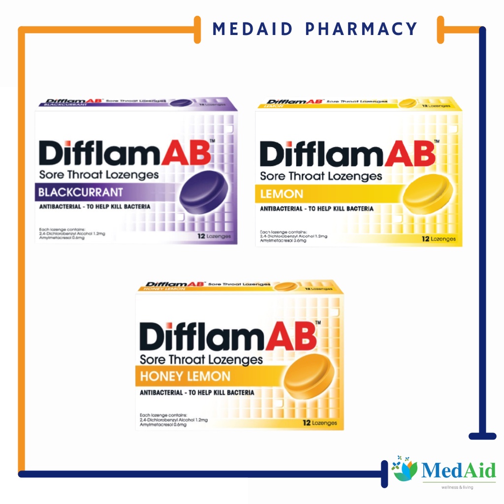 Difflam AB Sore Throat Lozenges 12'S (Blackcurrant/Lemon/Honey Lemon ...