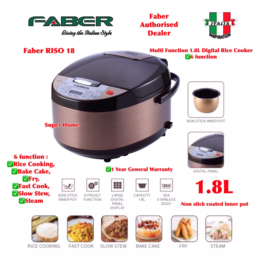 Faber Rice Cooker RISO 18 (1.8L) Digital Multifunction 6 in 1 Rice ...
