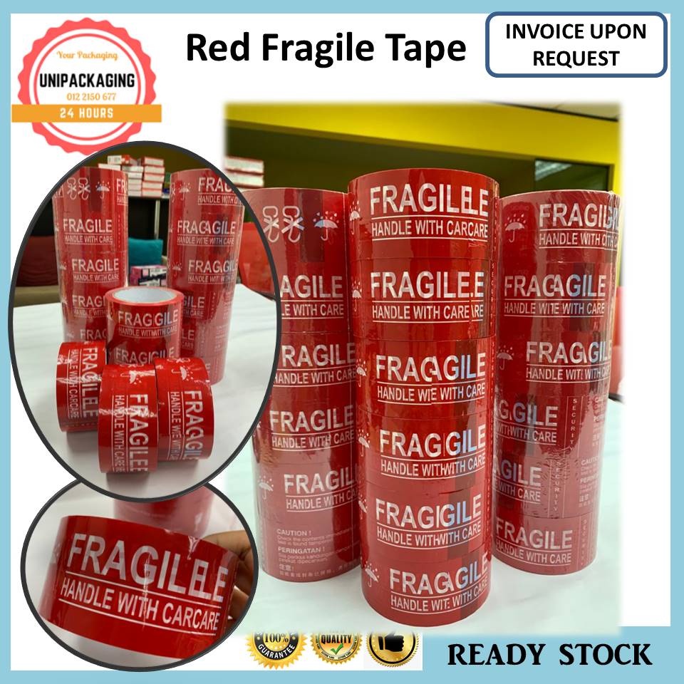 Red based Fragile OPP Tape 48mm x 50m x 50 Micron Fragile Tape Protection Red Base White wording ...