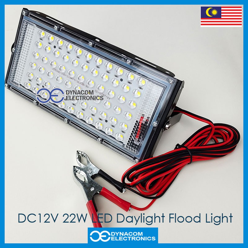 DC 12V 22W LED Daylight Flood Light + 3M Wire with Battery Clips [Lampu ...