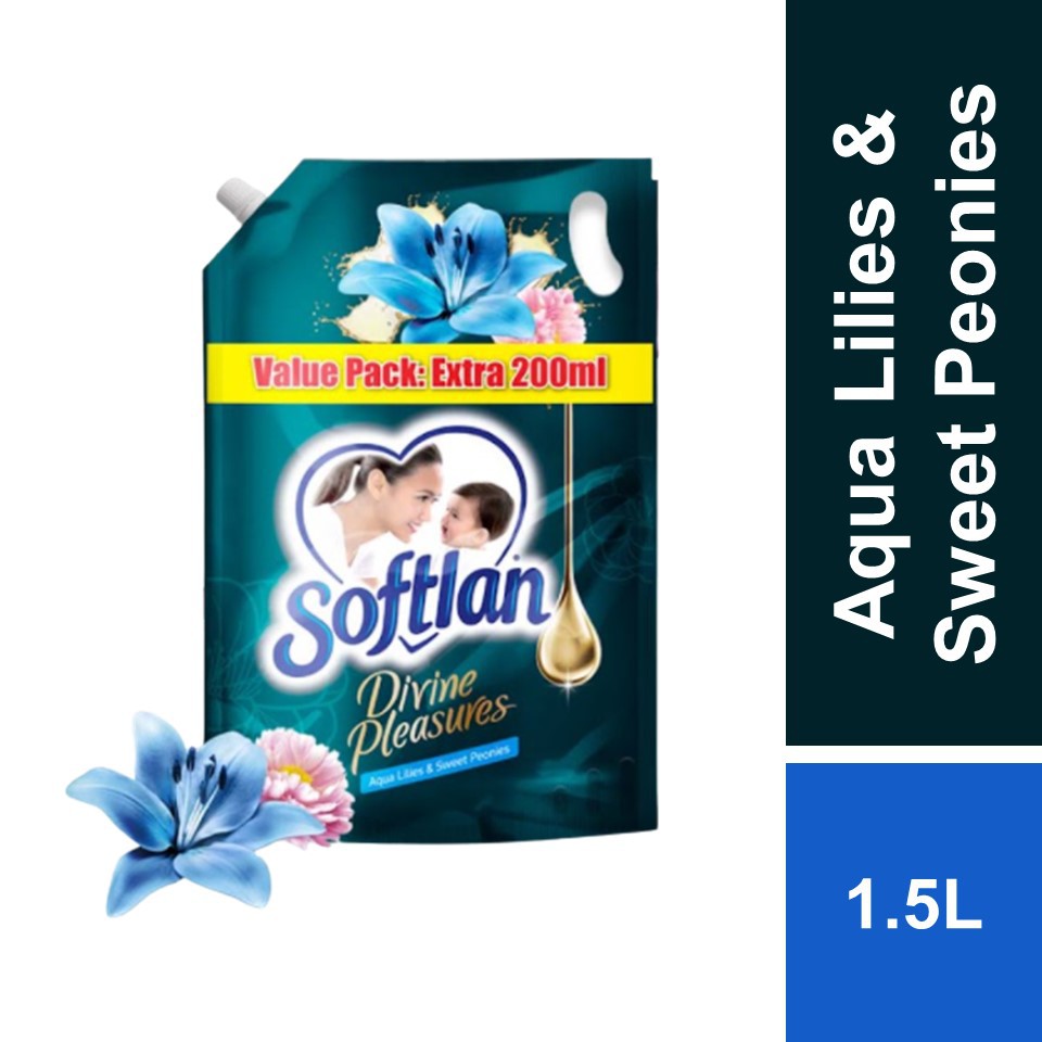 Softlan Divine Pleasures Aqua Lilies & Sweet Peonies Fabric Softener Valuepack 1.5L Refill ...