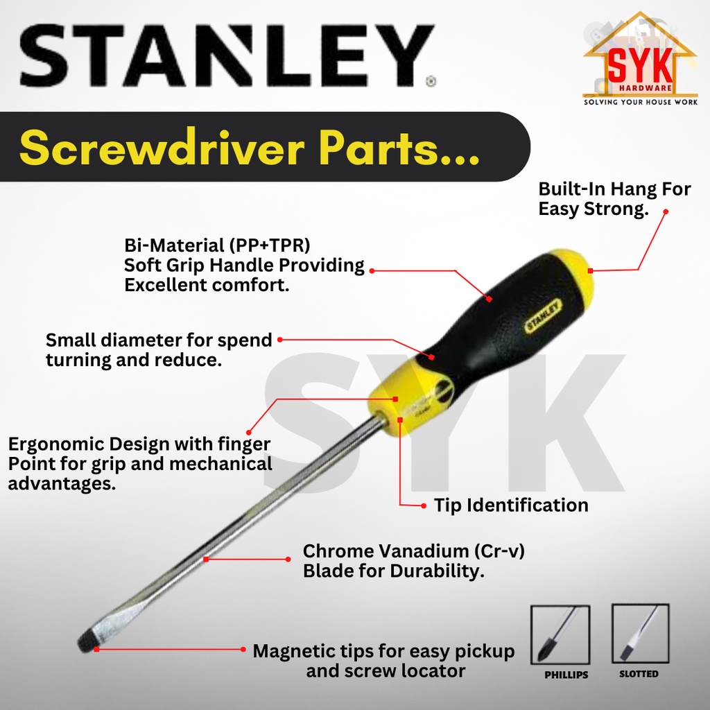 SYK Stanley STMT66673 8Pcs Philips Slotted Cushion Grip Screwdriver Set Magnetic Point Flat ...