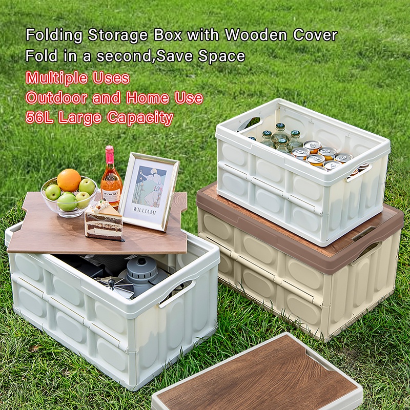 Foldable Storage Box Camping Outdoor Waterproof Container Wooden Lid ...