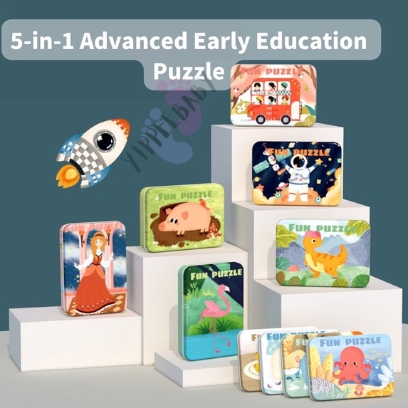 5 in 1 Early childhood education puzzle jigsaw puzzle with Metal box ...