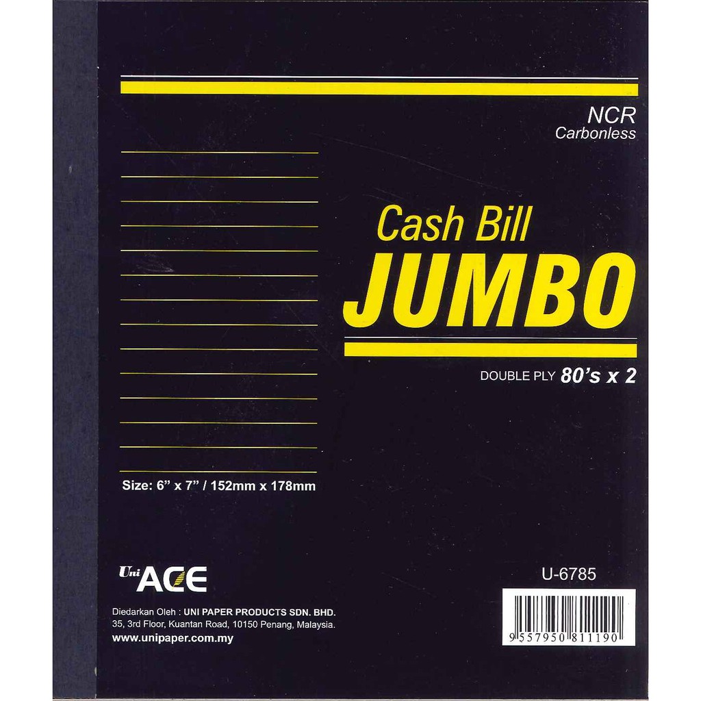 UNI ACE JUMBO CASH BILL BOOK 80'S X 2 PLY ( U-3585 / U-5885 / U-6785 ...