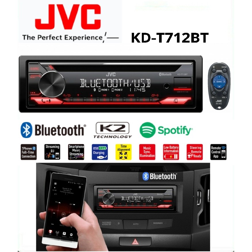 JVC KD-T712BT 1-DIN CD Receiver with BT Bluetooth Front USB/AUX Input Variable-Color 100% ...