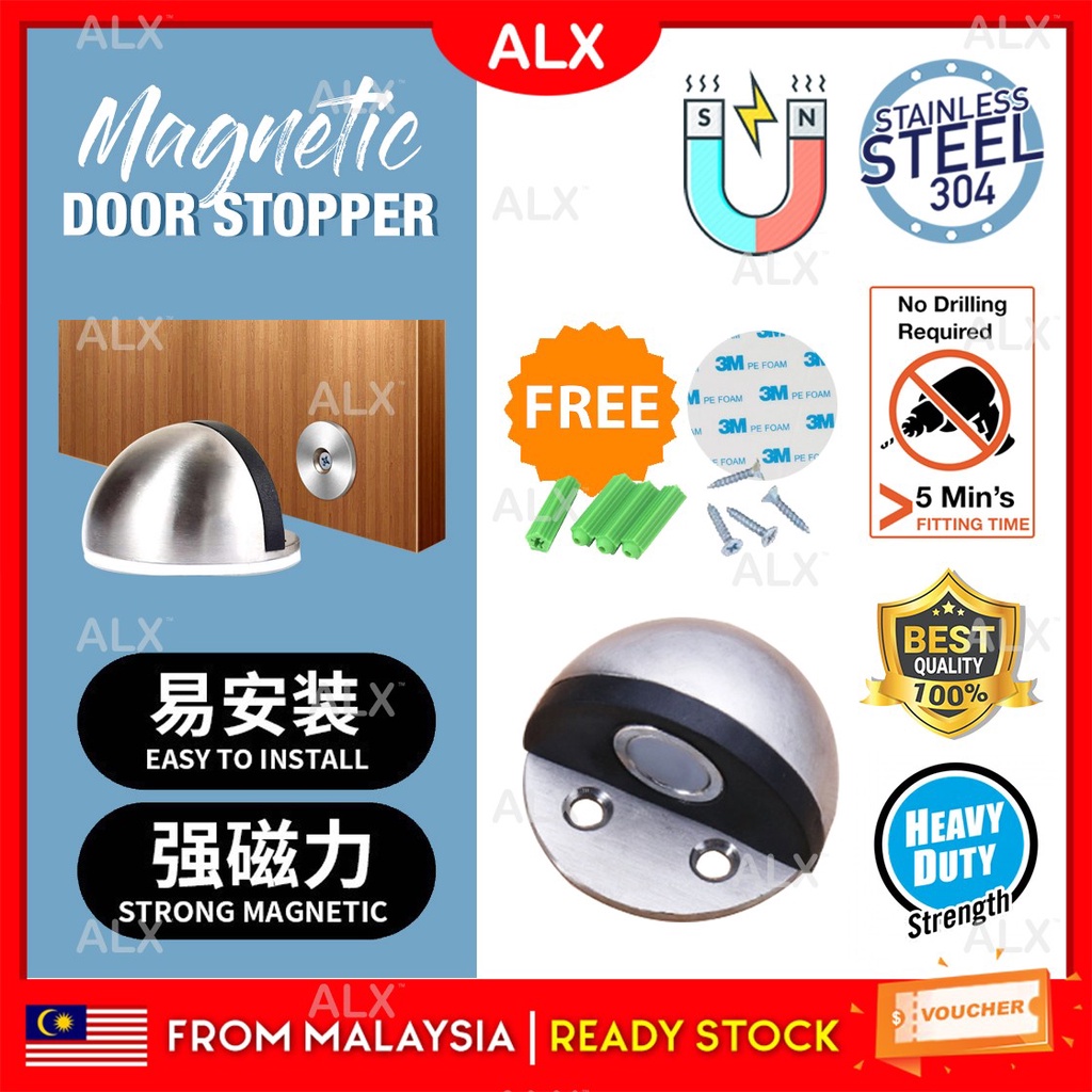 ALX Door Stopper Stainless Steel Magnet No Drill 3M Sticker Penyumbat ...