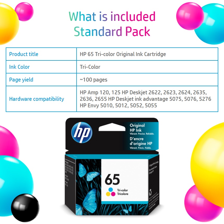 HP 65 Tri-color Original Ink Cartridge (N9K01AA), For 120/125/2622/2624 ...