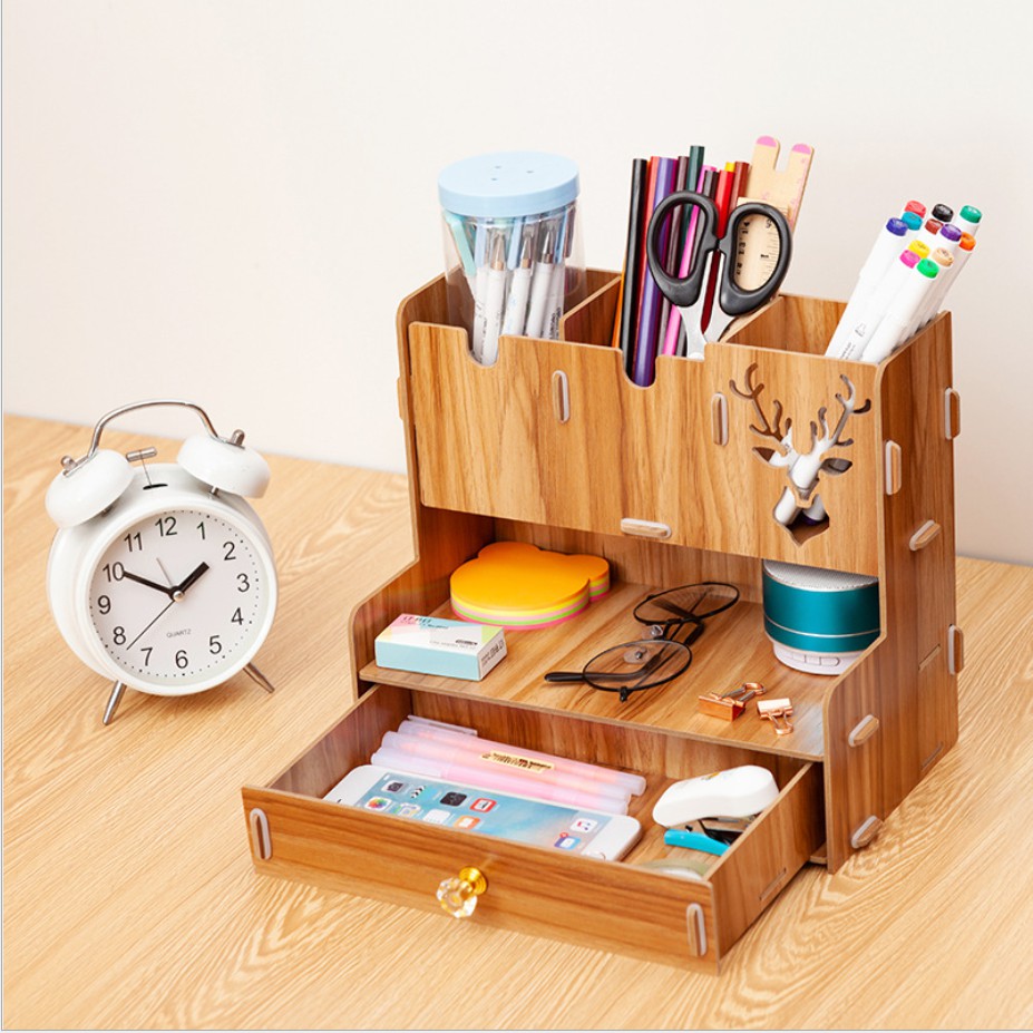 DIY WOODEN STATIONERY FILE RACK DESKTOP DRAWER ORGANIZER PEN PENCIL ...