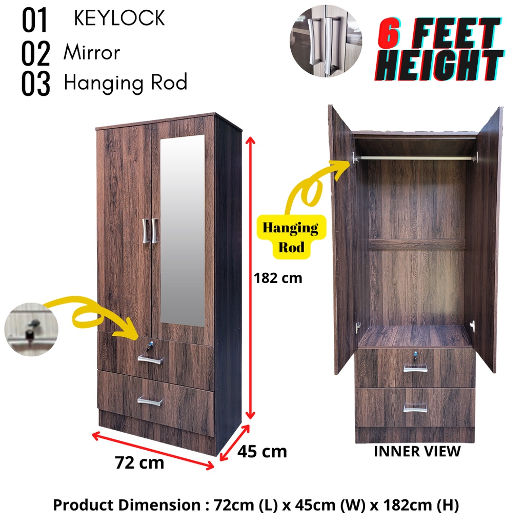 SHIRO Furniture Rak Baju Cermin 2 Pintu Wardrobe Clothes with mirror ...