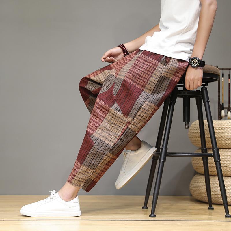 Ready Stock Casual pants men's plaid stitching nine-point pants ...