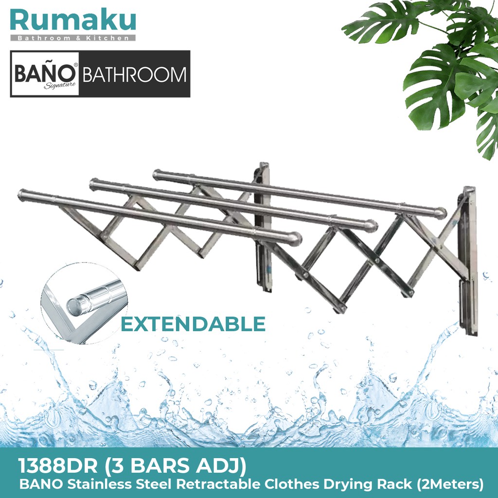 BANO Stainless Steel Retractable Clothes Drying Rack (3 Bars Extendable ...