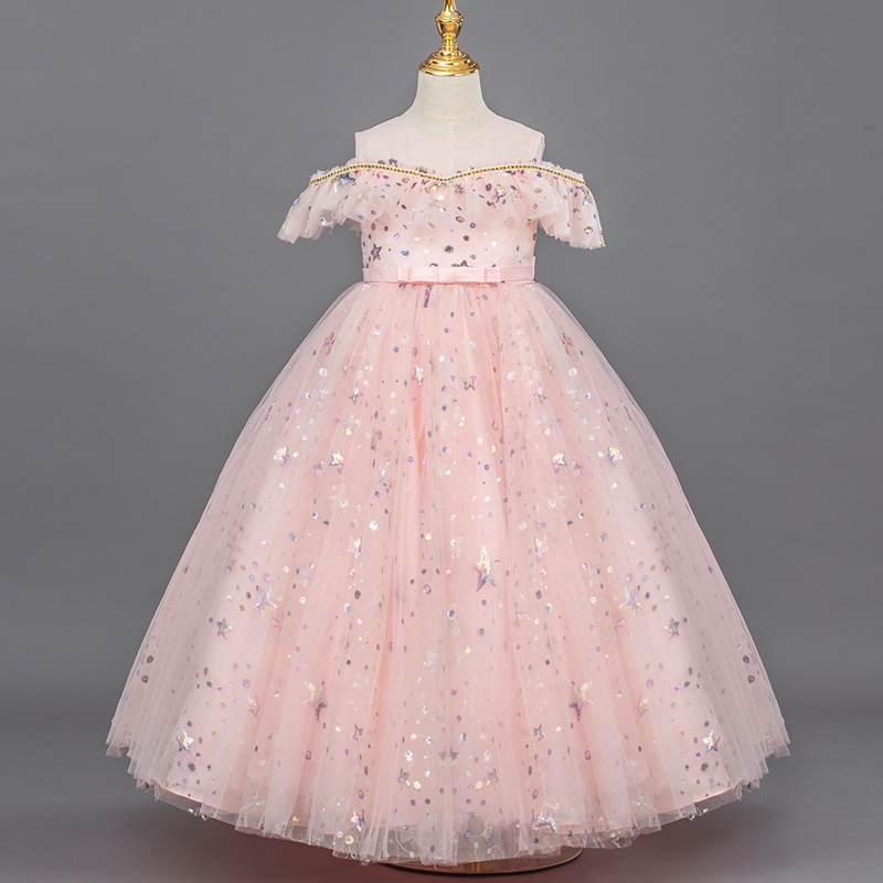 Girls Long Princess Dress Off Shoulder Mesh Sequins Birthday Party Show ...