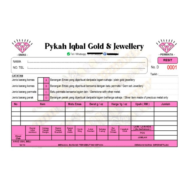BUKU BIL RESIT EMAS BOLEH PRINT NAMA KEDAI NCR 2PLY (PINK MUDA ...