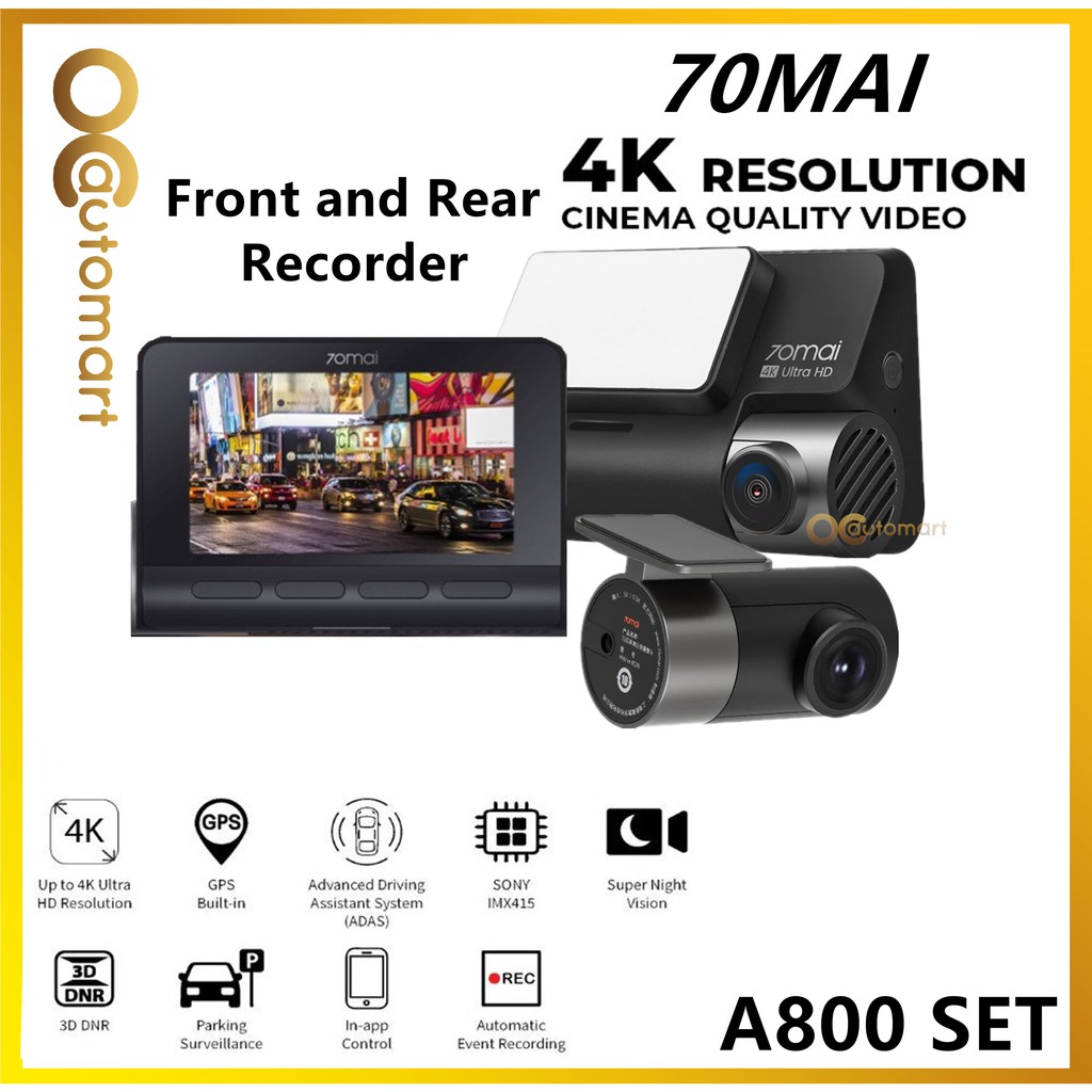 70mai A800 DVR Set Car Recorder Dual vision 140 FOV 4K Ultra HD Screen 70 Mai Dash Cam APP ...