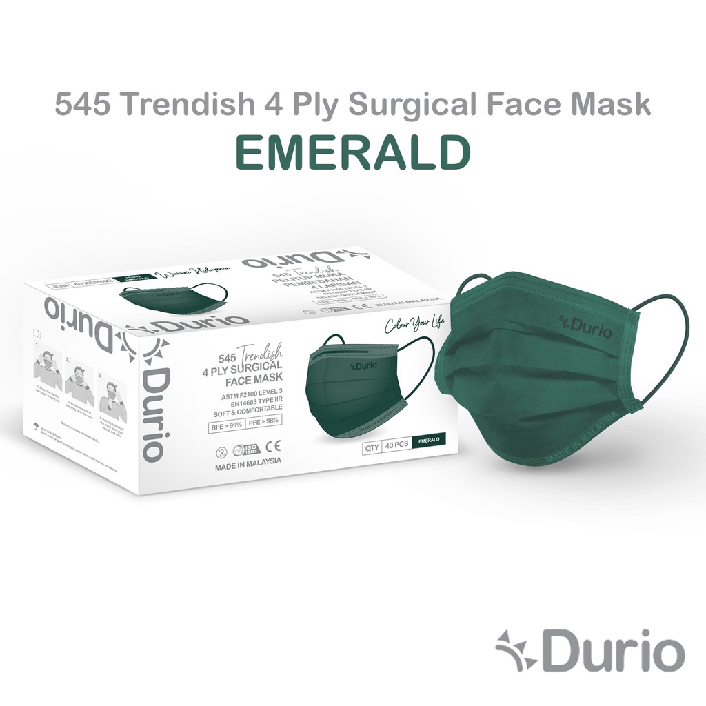 Durio 545 Trendish 4 Ply Surgical Face Mask - Emerald (40 Pcs) | Shopee ...