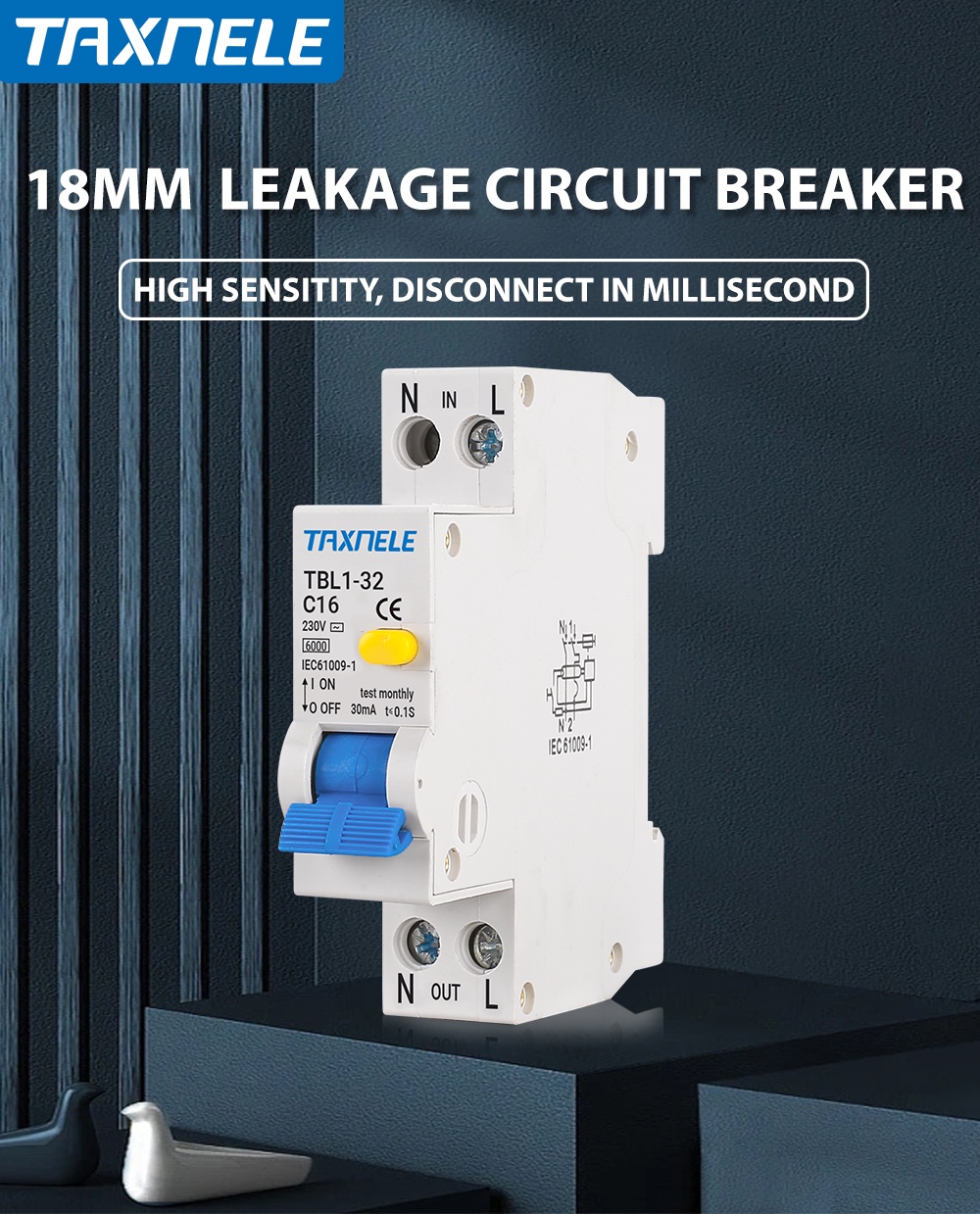 18MM Mini 230V 50/60Hz RCBO 1P+N 6KA Residual Current Differential Automatic Circuit Breaker ...