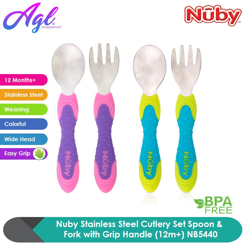 Nuby Stainless Steel Cutlery Set Spoon & Fork with Grip Handle (12m+) NB5440 | Shopee Malaysia