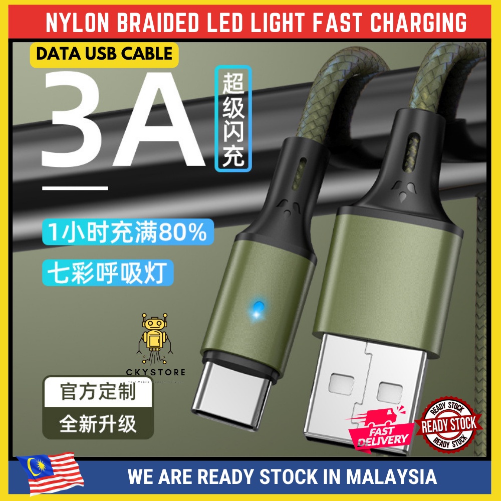 3A Micro / IP / Type C Nylon Braided LED light Fast Charging Data USB ...