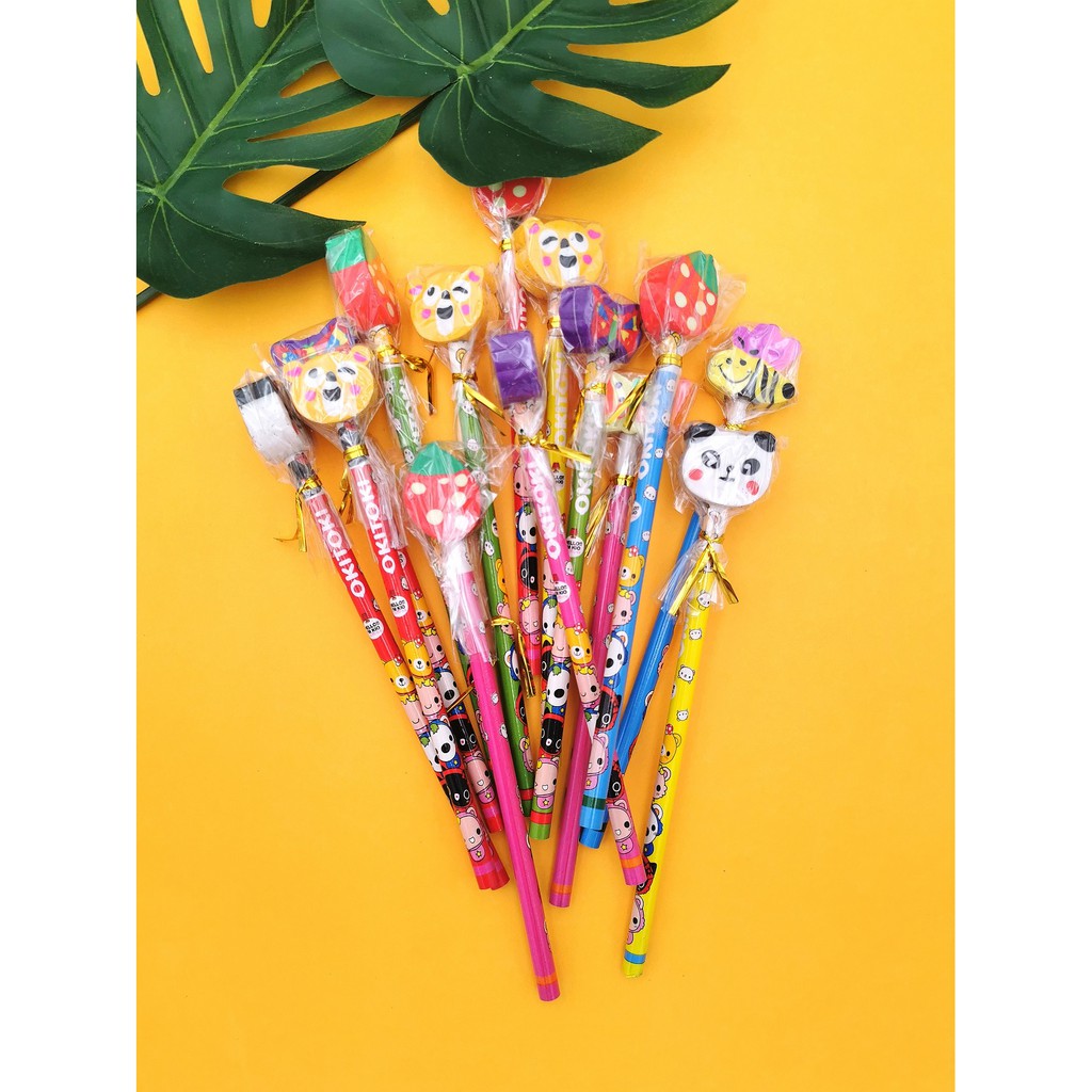 Cute Cartoon 2B Pencil With Cartoon Animal Flower Strawberry Eraser Set ...