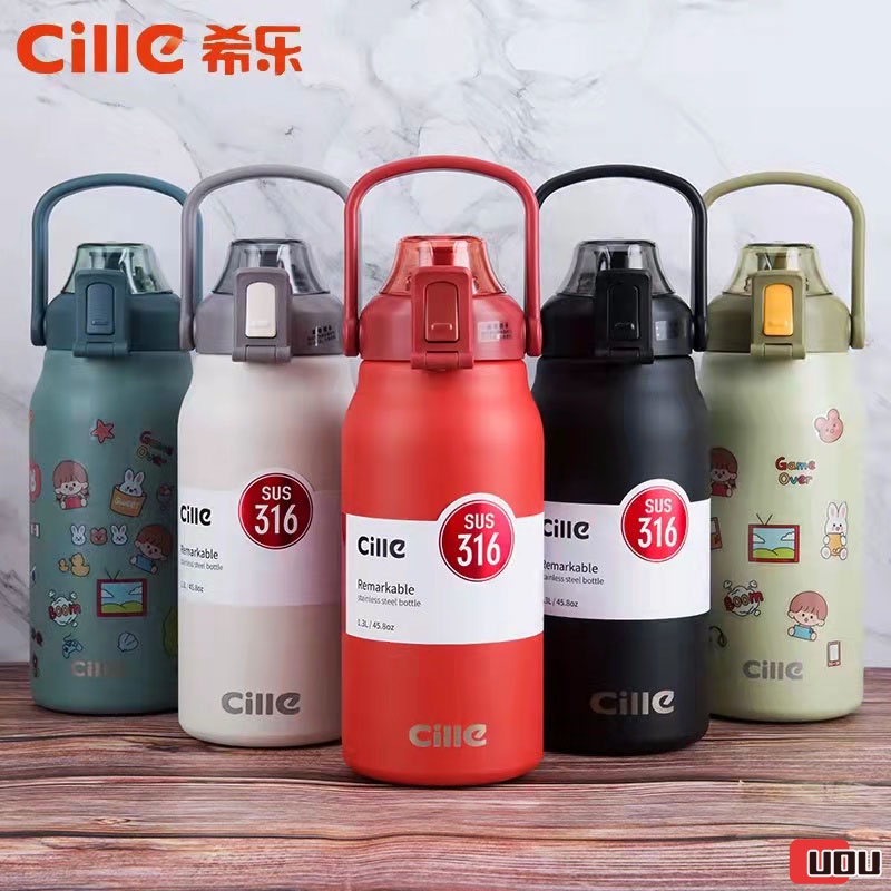 Cille 1.3/1.7L 316SS Stainless Steel Vacuum Flask Thermoses Water Bottle With Straw | Shopee ...