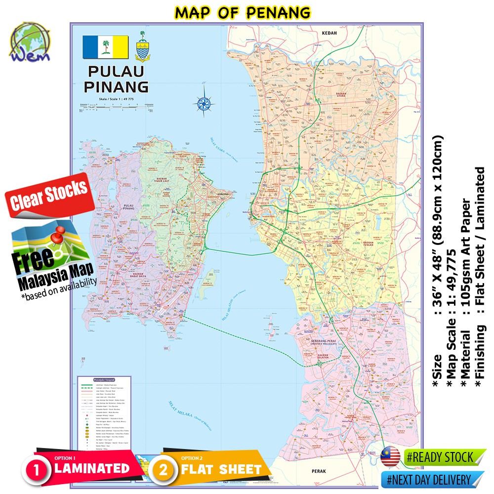 🇲🇾 MAP OF PENANG (36” x 48” / 88.9cm x 120cm) Malaysia State | Shopee ...