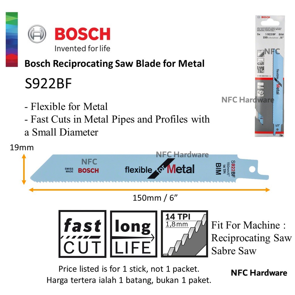 BOSCH Sabre Saw Blade S922BF 6" Flexible for Metal | Shopee Malaysia