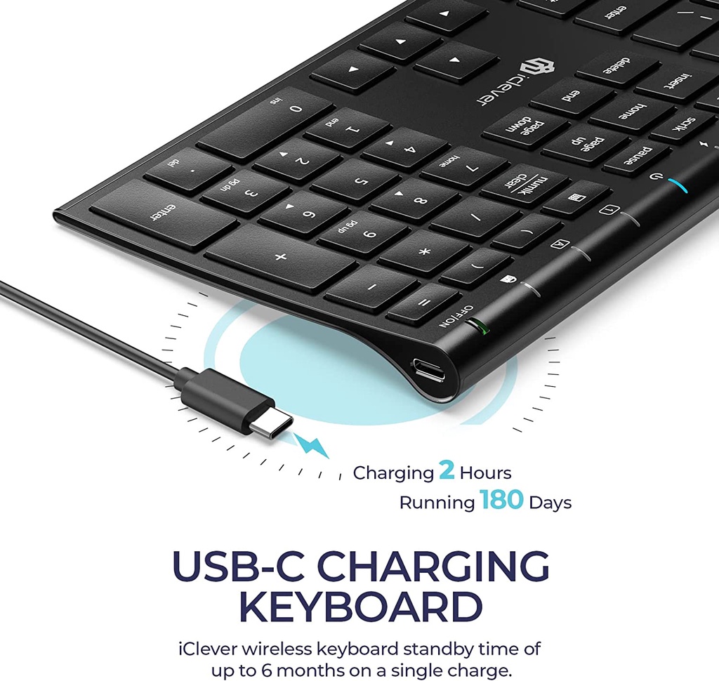 iClever GK20 2.4G Wireless Keyboard, USB-C Rechargeable Stainless Steel ...